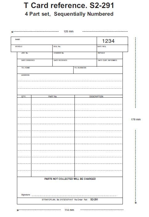 Motor Trade Parts T Card Ref S2-291 (4 Part) – T Cards Direct